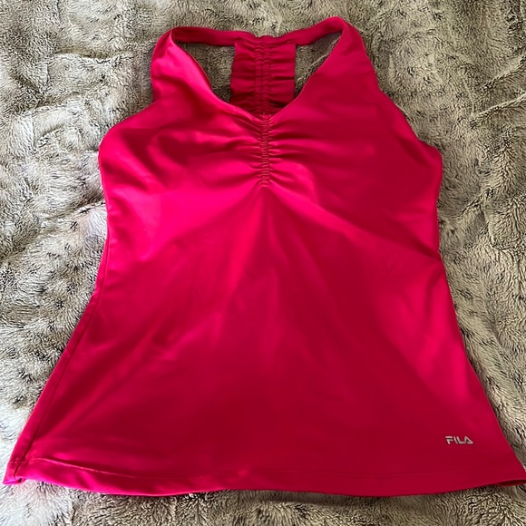 Fila | Tops | Hot Pink Ruffle Tie Racer Back Work Out Shirt S Shelf Bra ...